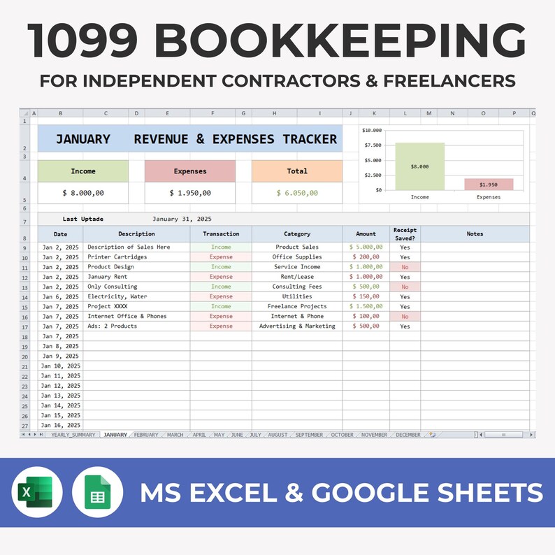 1099 Bookkeeping Spreadsheet, Excel & Google Sheet, Finance Spreadsheet ...