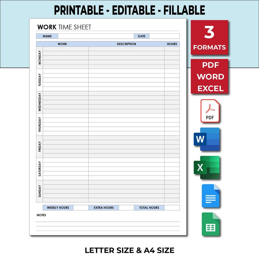 Printable Employee Time Sheet Editable PDF Template, Printable Time ...