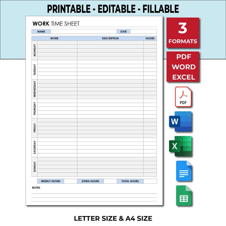 Printable Employee Time Sheet Editable PDF Template, Printable Time ...