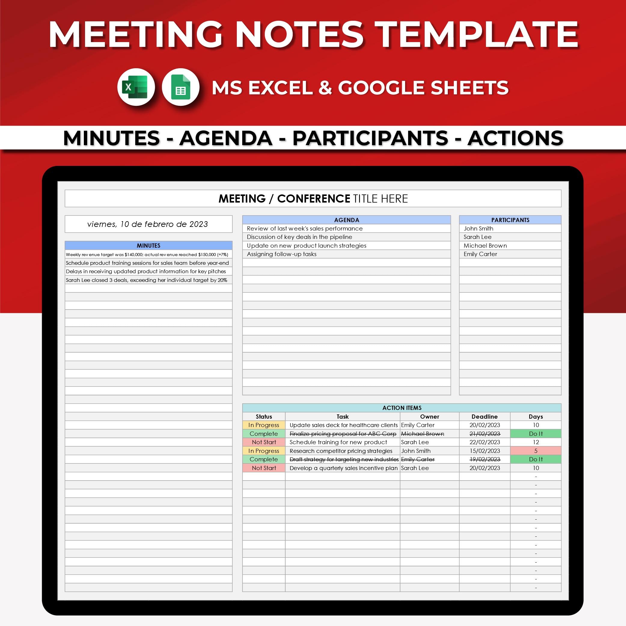 Meeting Notes Excel Google Sheets Template | Agenda | Work Meeting ...