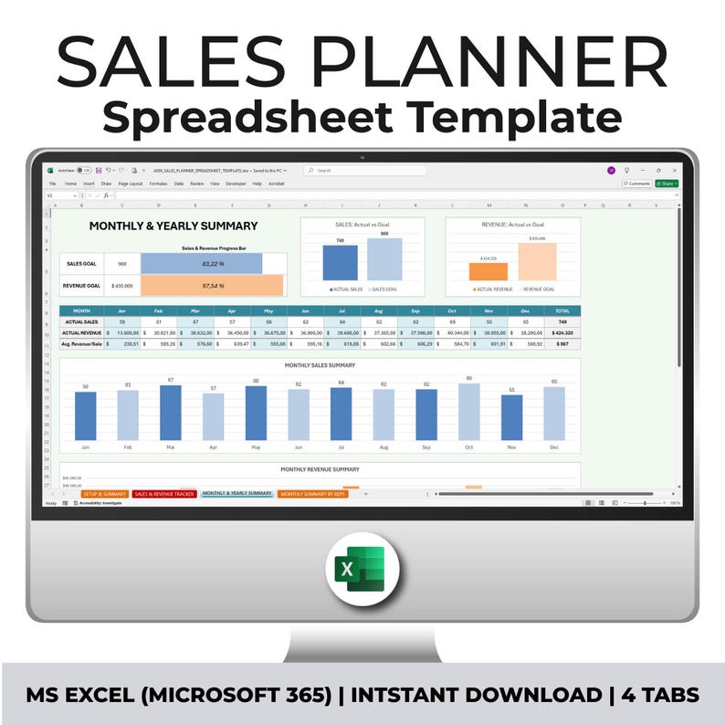 Sales Goal Tracker, Excel Spreadsheet Template, Sales Goal Tracking ...