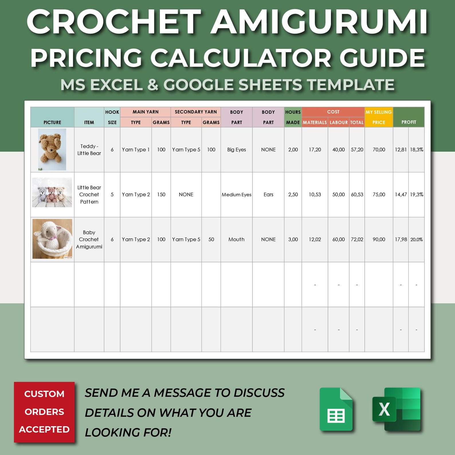 Crochet Amigurumi Pricing Spreadsheet Template. Google Sheets & Excel ...