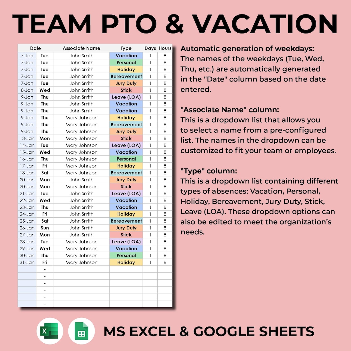 Pto Tracker Excel Google Sheet Spreadsheet Template, Associate Vacation ...