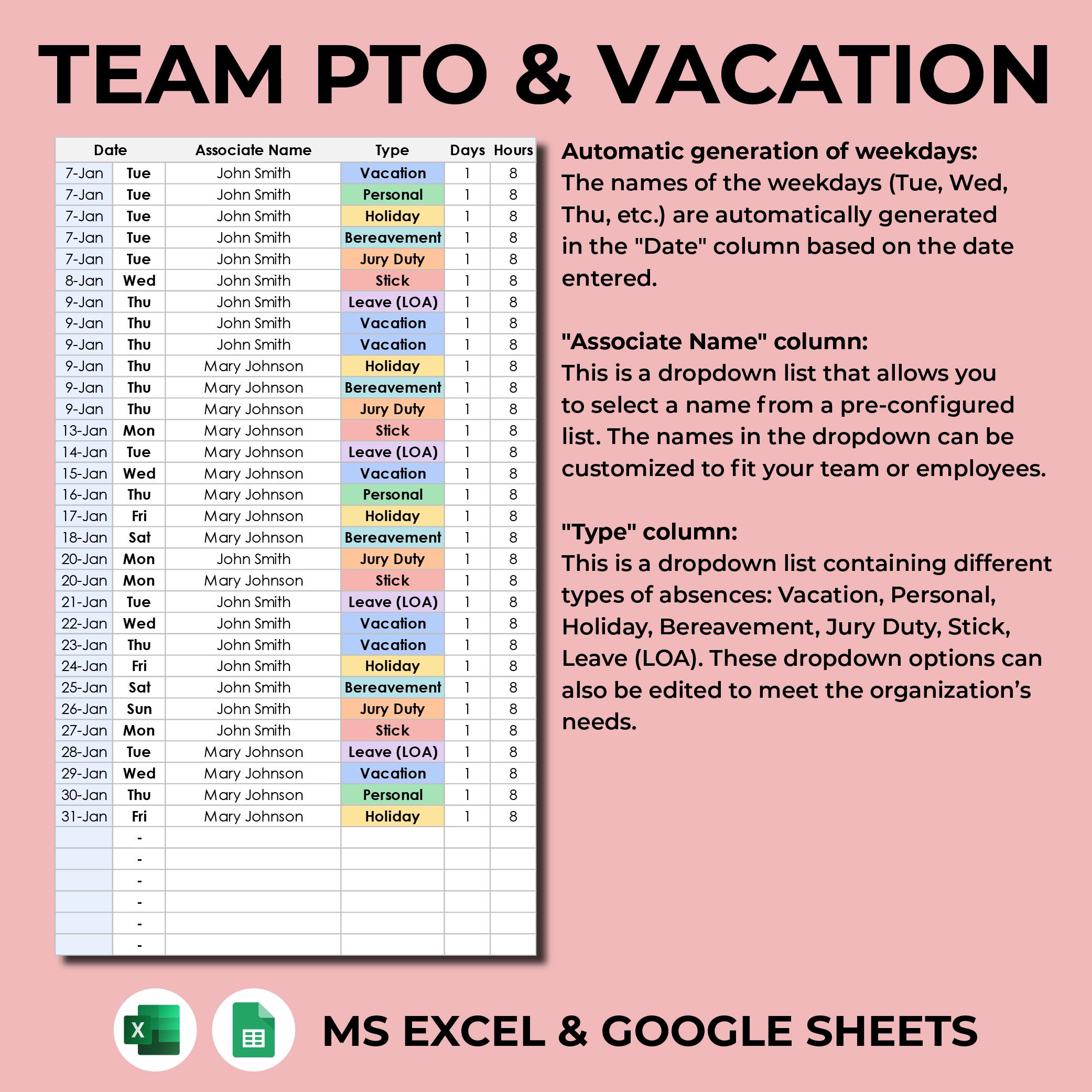 Pto Tracker Excel Google Sheet Spreadsheet Template, Associate Vacation ...