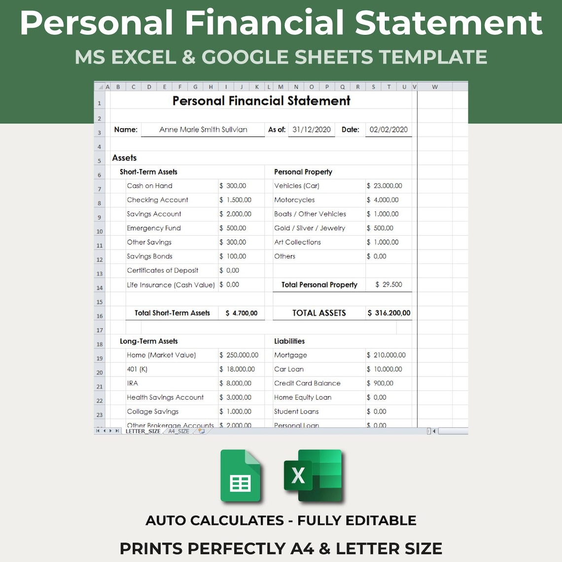 Personal Financial Statement Spreadsheet Template. Google Sheet & Excel ...