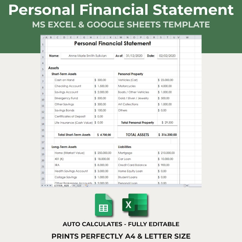 Personal Financial Statement Spreadsheet Template. Google Sheet & Excel ...