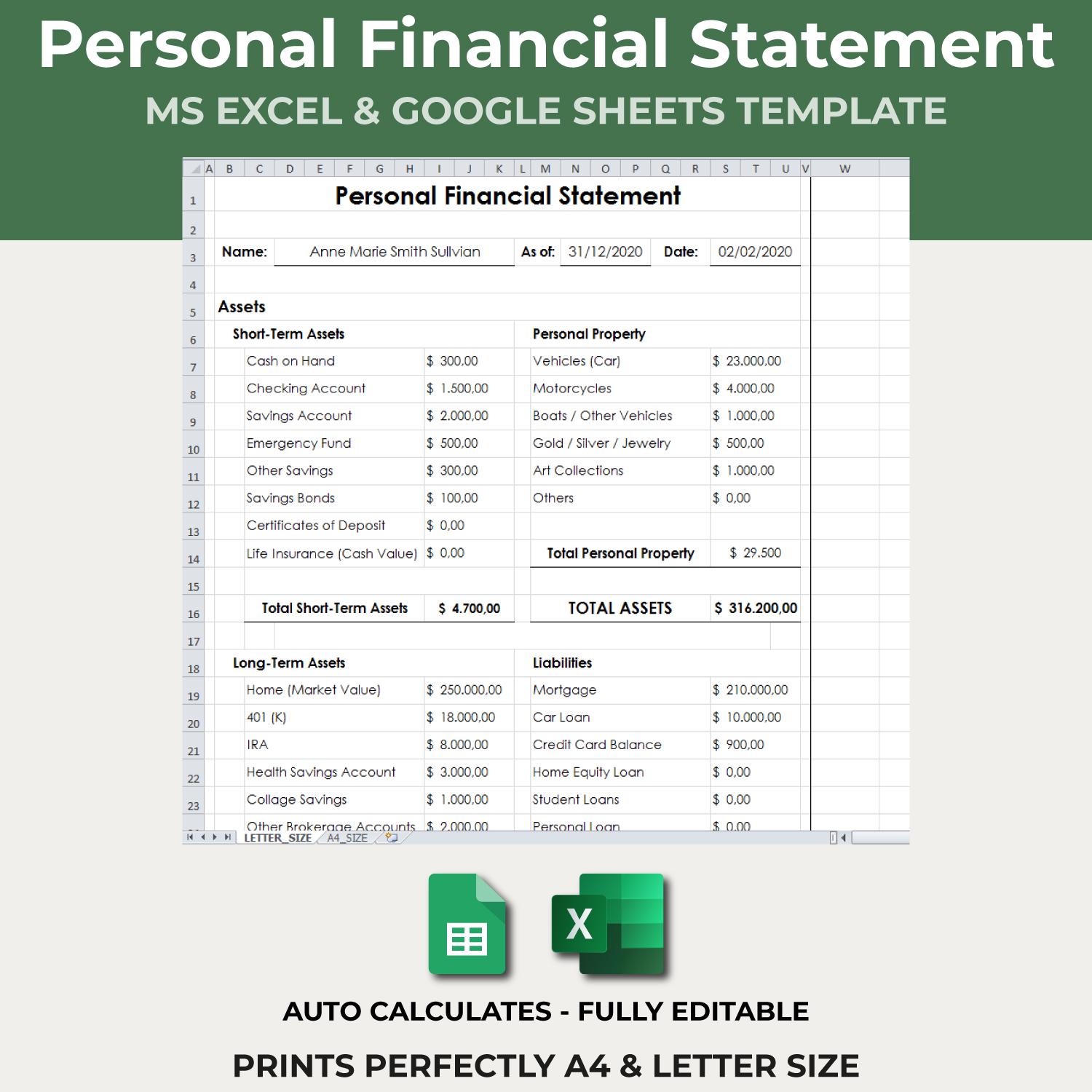 Personal Financial Statement Spreadsheet Template. Google Sheet & Excel ...