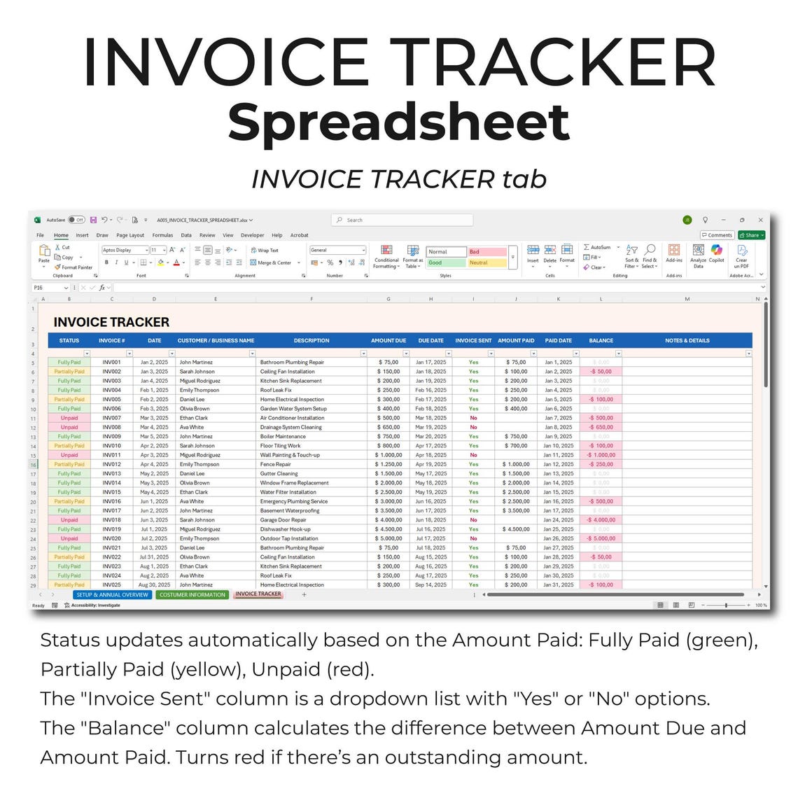 Invoice & Payment Tracker Spreadsheet, Excel Invoice Tracker Template ...