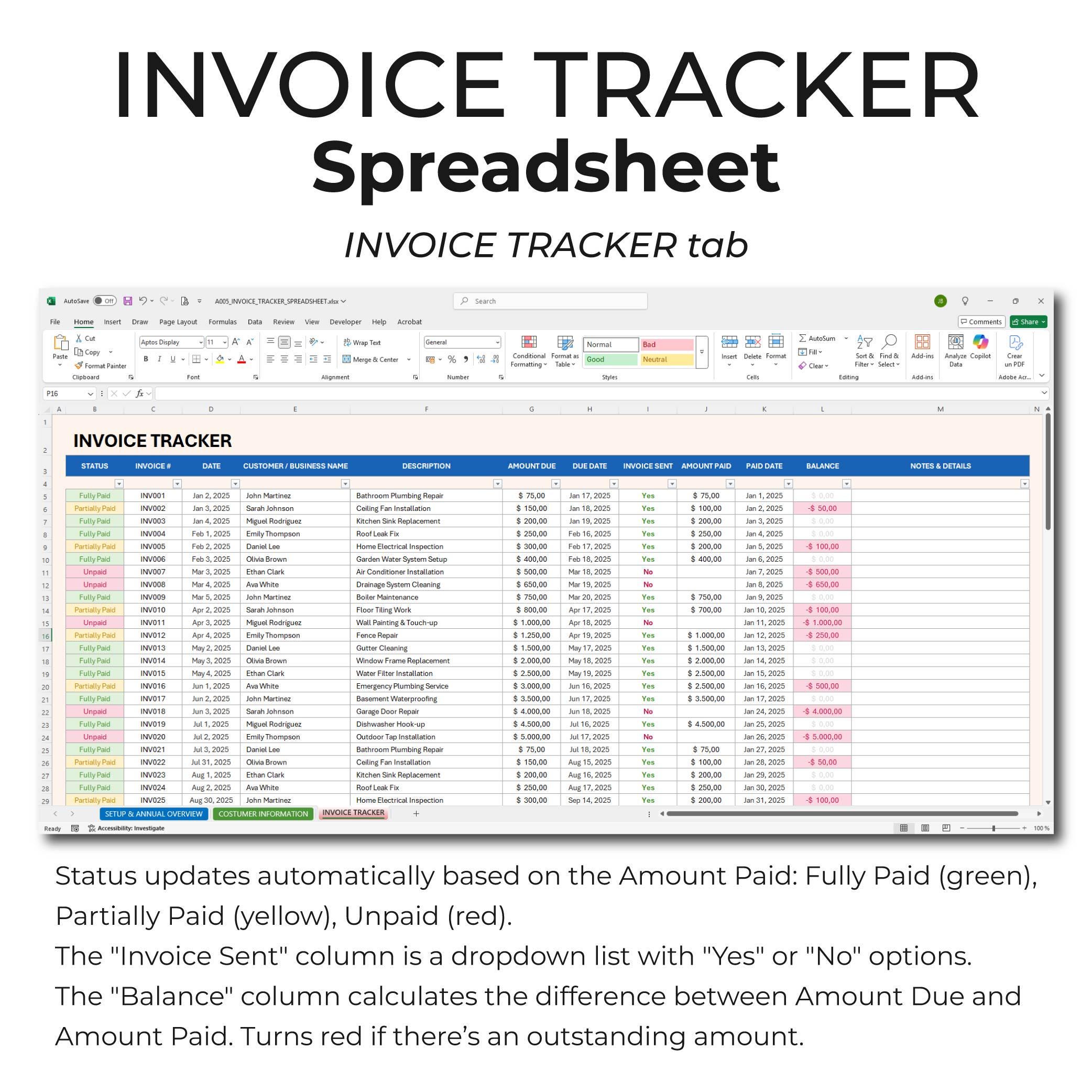 Invoice & Payment Tracker Spreadsheet, Excel Invoice Tracker Template ...