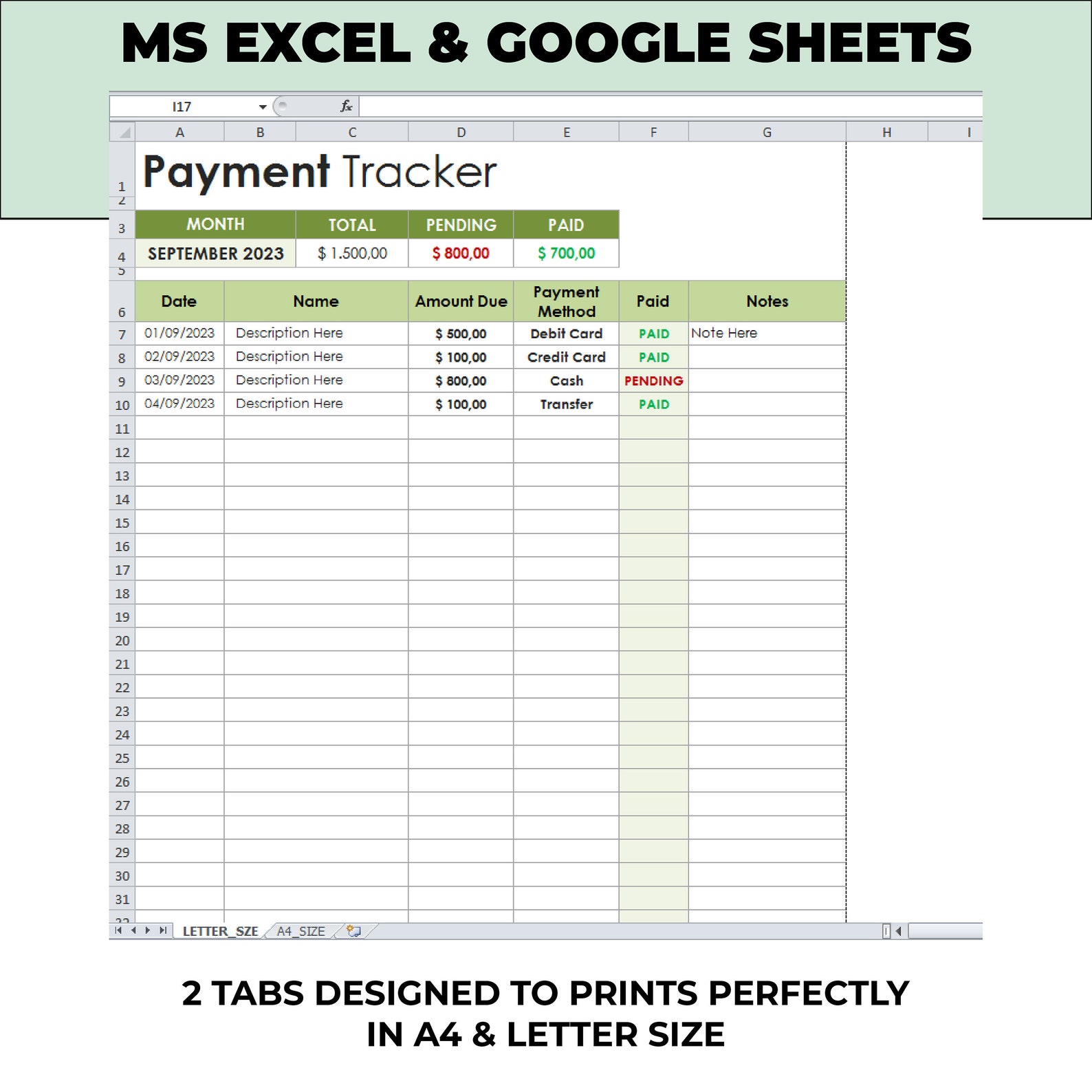 Payment Tracker Spreadsheet Template. Printable Client Payment History ...