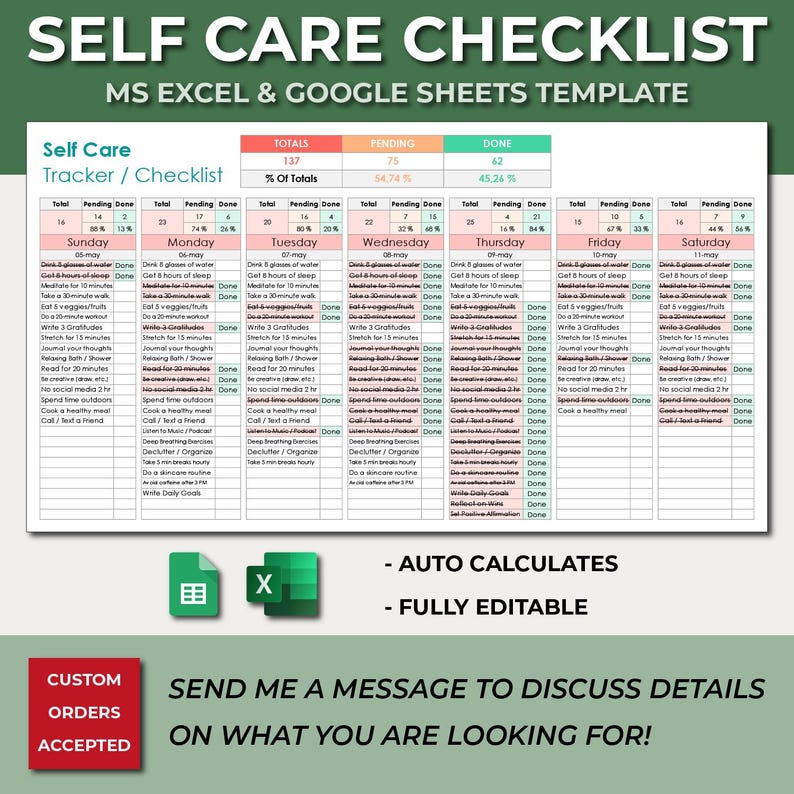 Self Care Tracker / Checklist Spreadsheet Template. Excel & Google ...