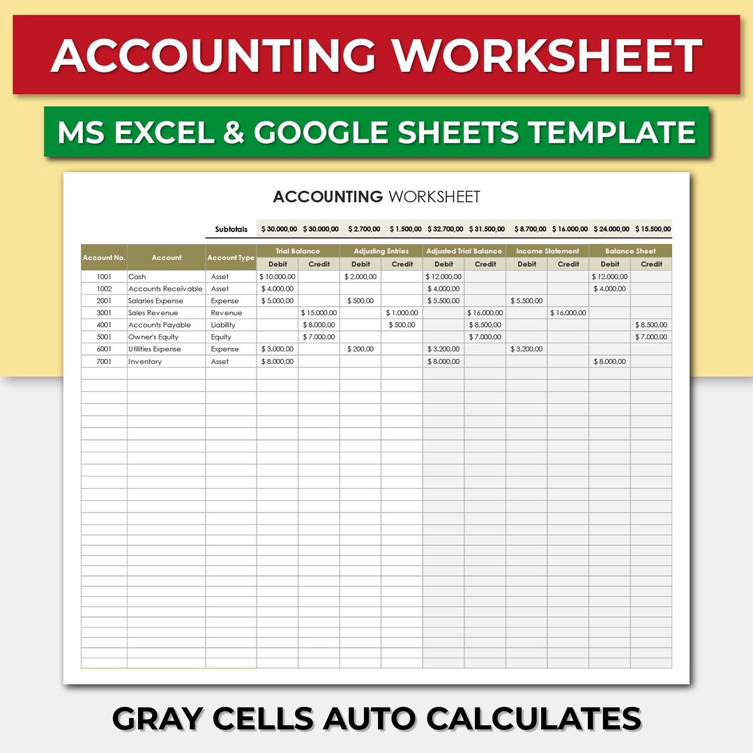 Accounting Worksheet Spreadsheet Template. Balance Sheet: Assets ...