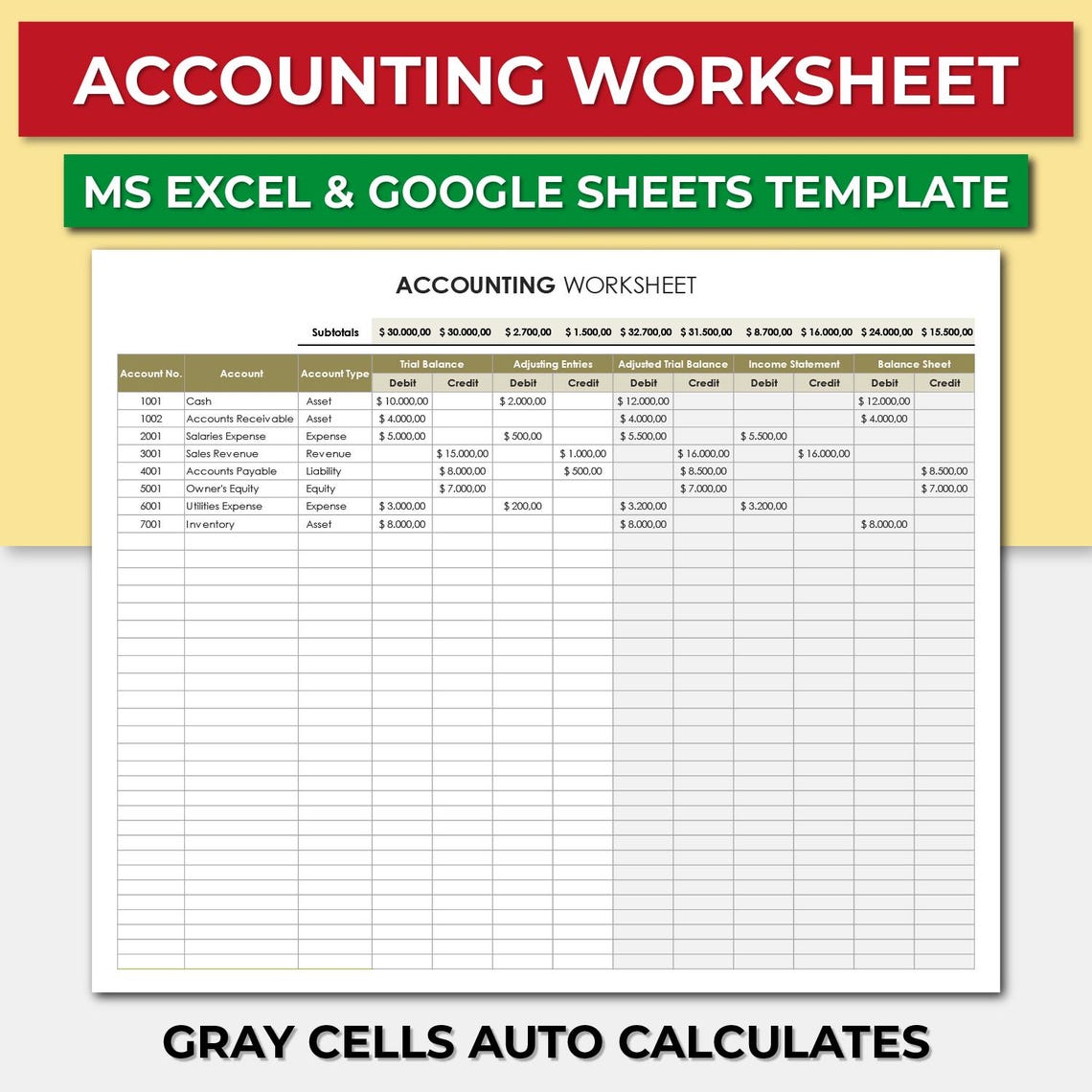 Accounting Worksheet Spreadsheet Template. Balance Sheet: Assets ...