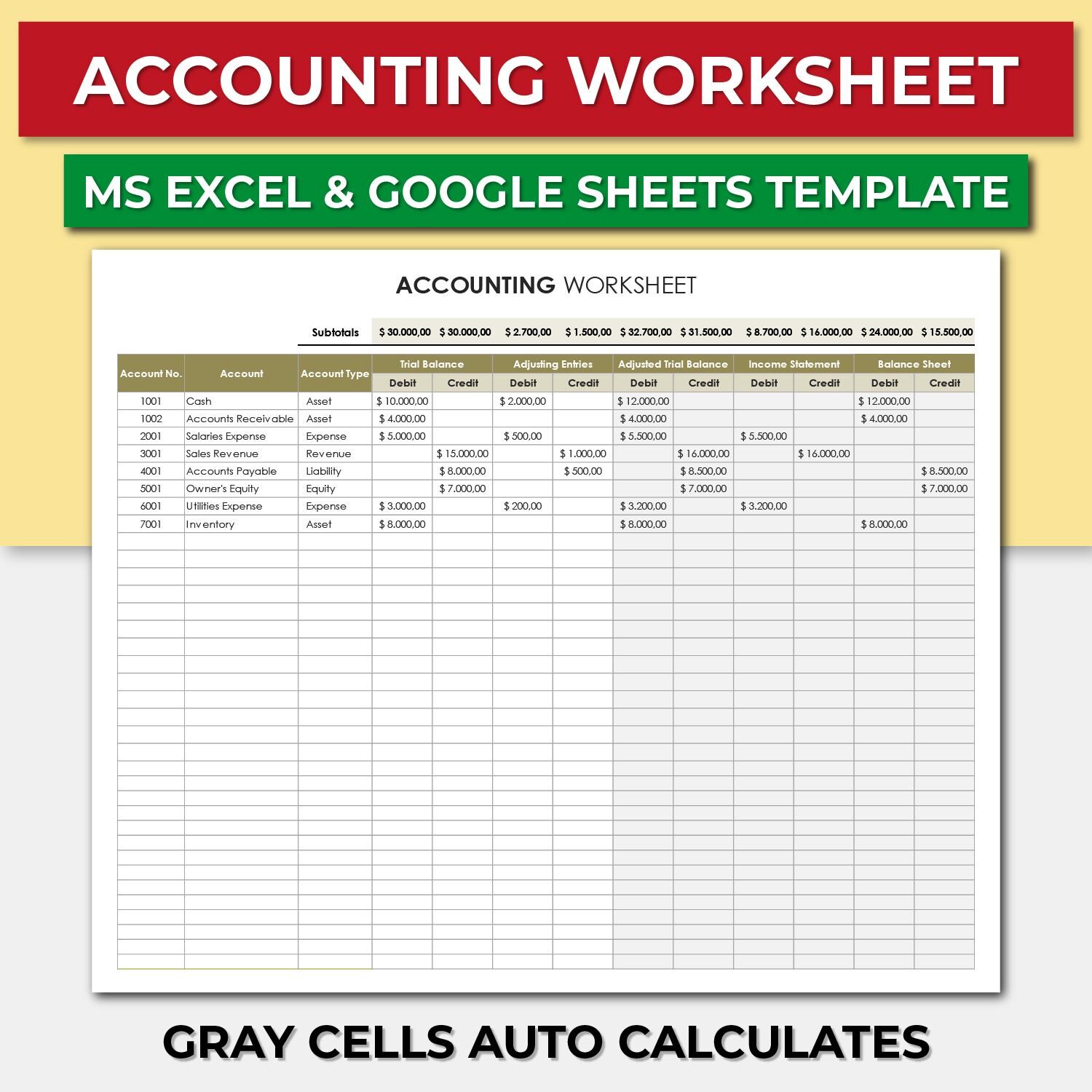 Accounting Worksheet Spreadsheet Template. Balance Sheet: Assets ...