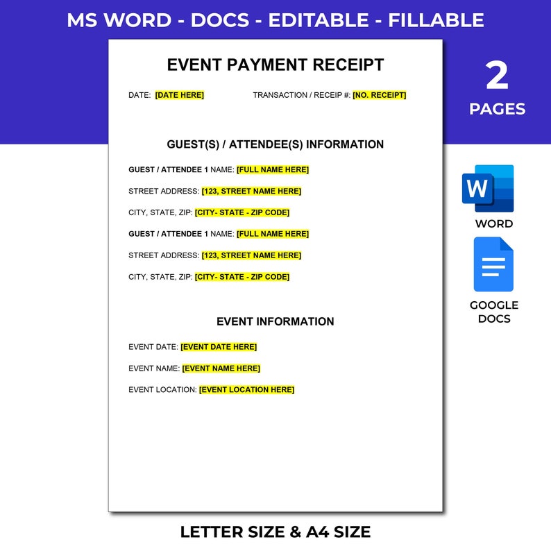 Event Payment Receipt Form, Event Payment Record Template, Printable ...