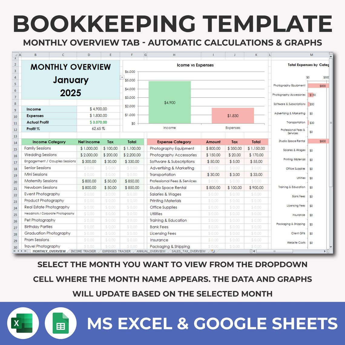 Photography Bookkeeping Spreadsheet | Photography Income & Expense ...