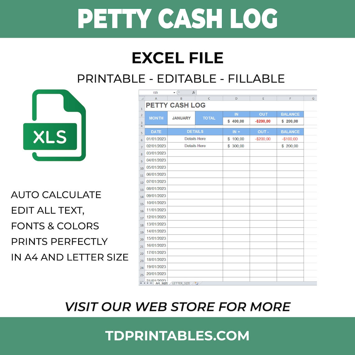 Petty Cash Record, Cash Log Template, Petty Expenses Tracker,small Cash ...