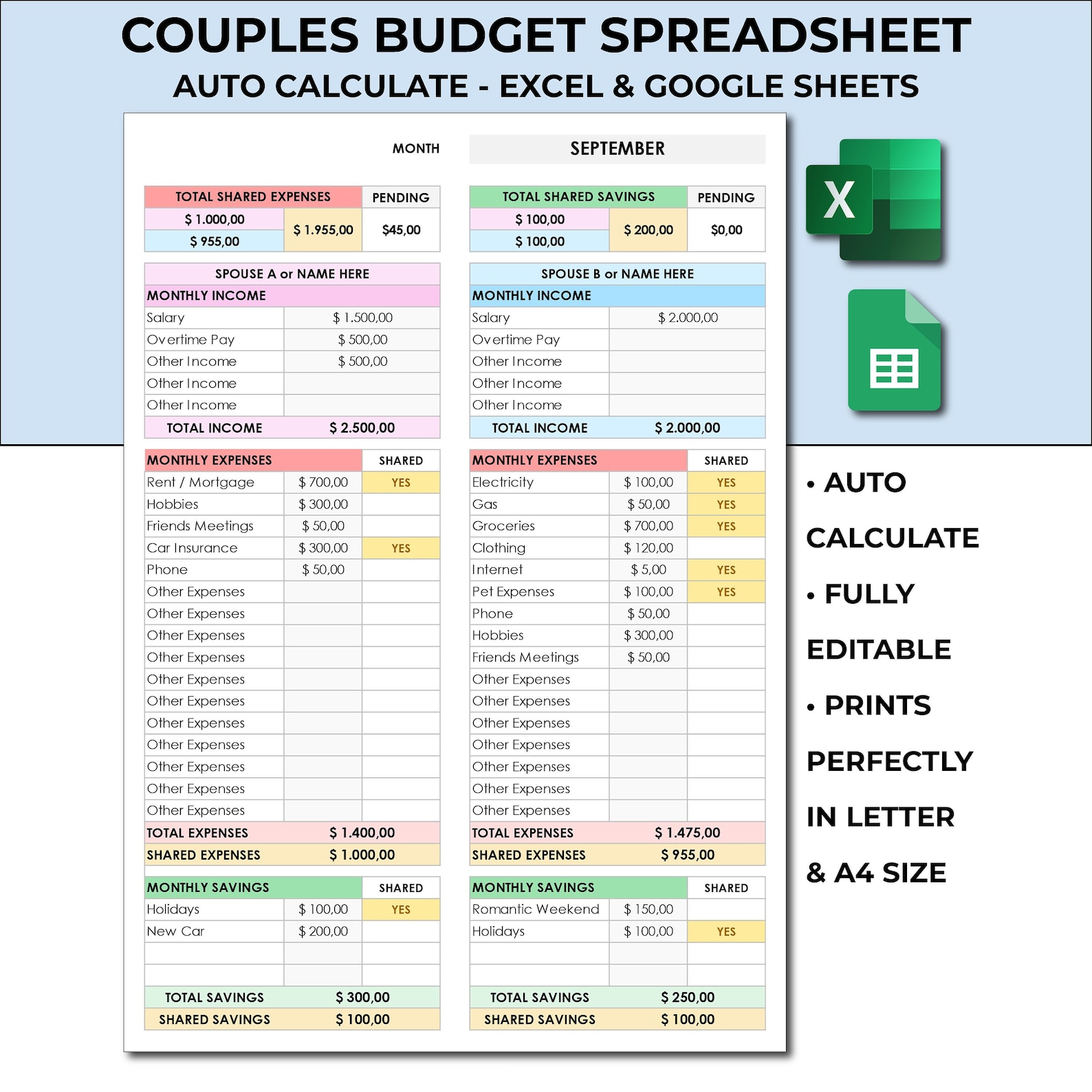 Couples Budget Spreadsheet Template: Monthly Shared & Personal Expense ...