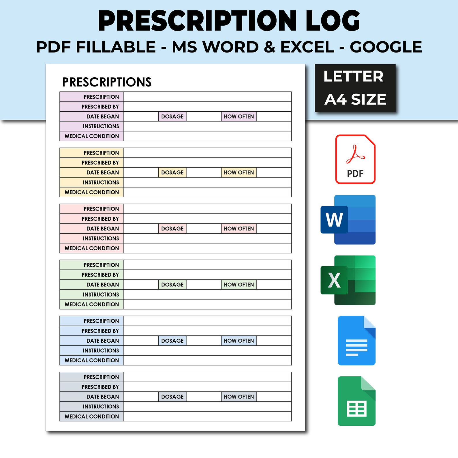 Prescription Log Digital Printable, Prescription Log, Prescription ...