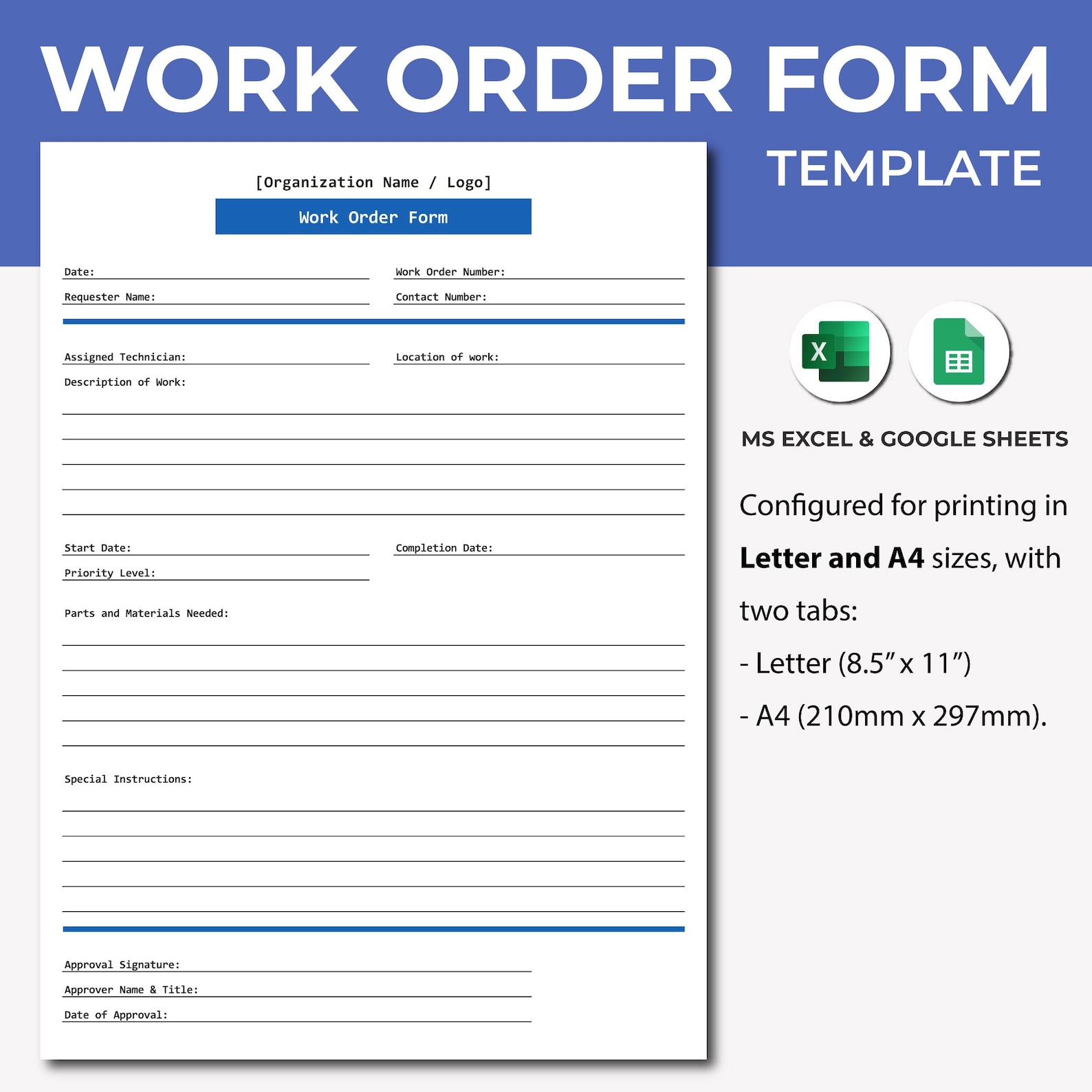 Simple Work Order Form Template | Printable Editable Excel Spreadsheet ...