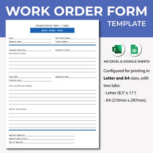 Simple Work Order Form Template | Printable Editable Excel Spreadsheet ...