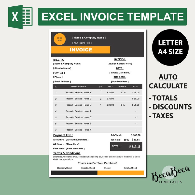 Excel Invoice Template. Excel Invoice Spreadsheet. Excel - Etsy