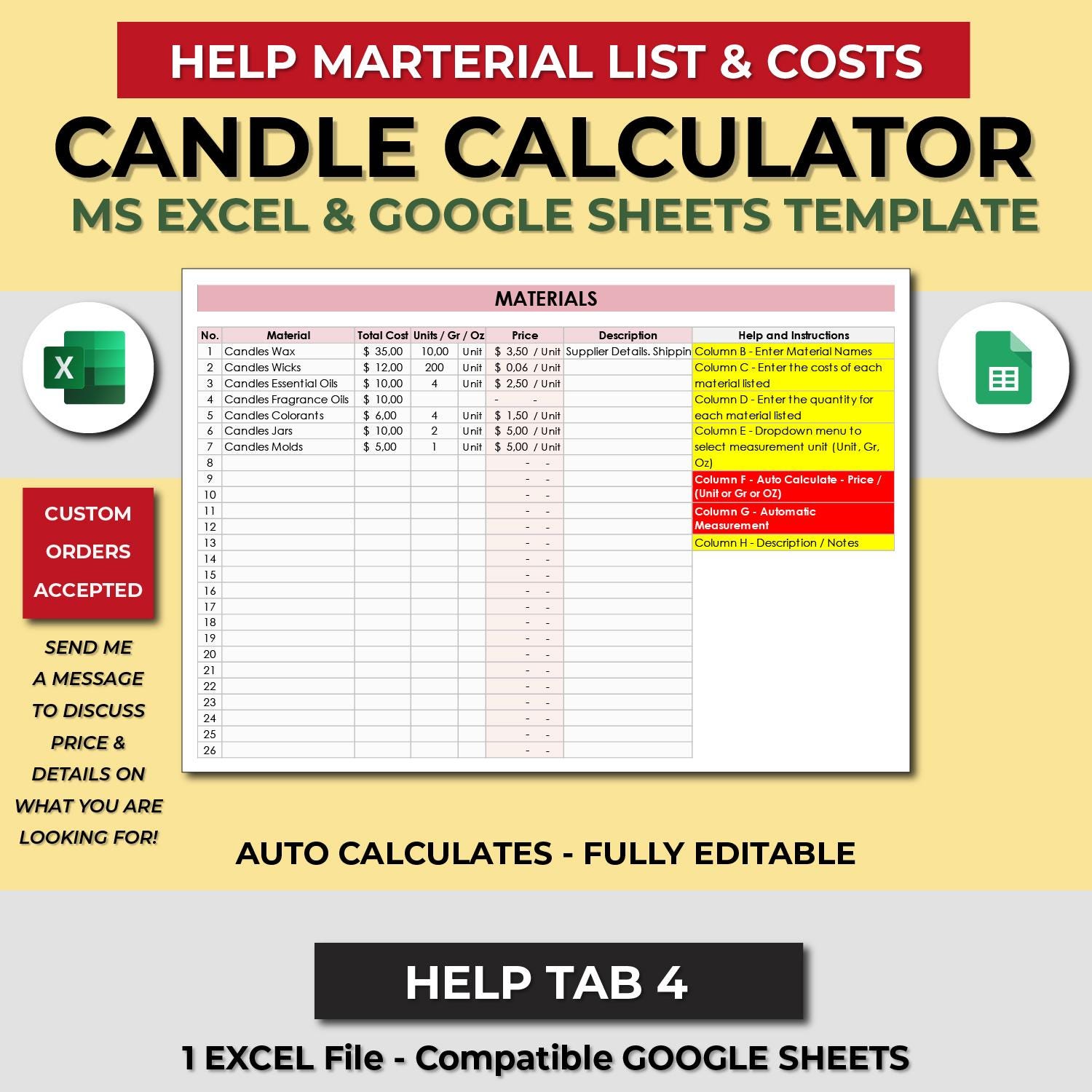 Candle Price Calculator Spreadsheet Template. Handmade Candles Pricing ...