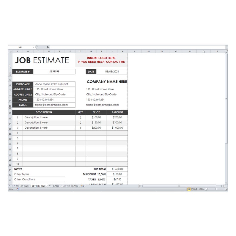 Job Estimate Template. Excel Editable Spreadsheet. Google Sheets. Construction Bid Form ...