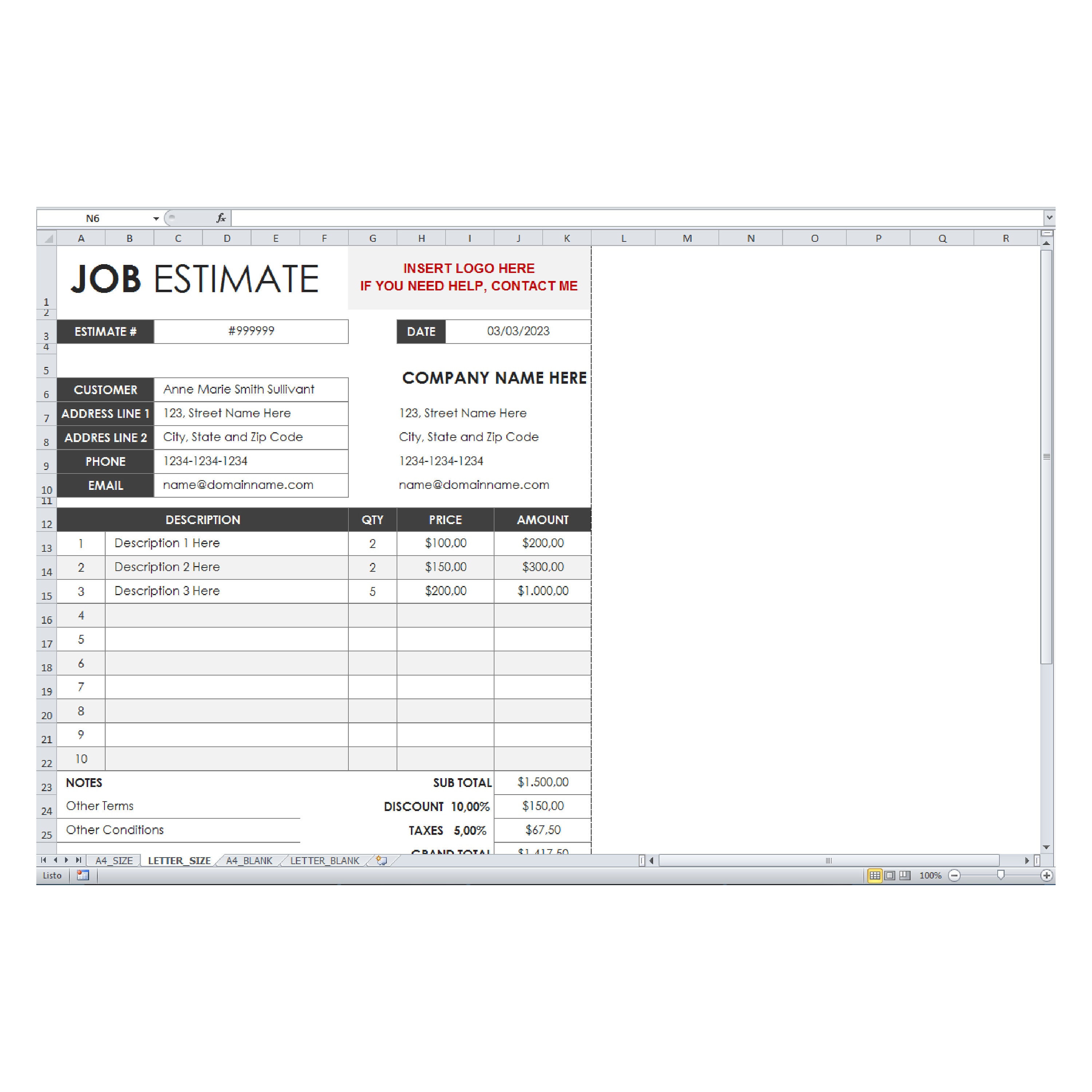 Job Estimate Template. Excel Editable Spreadsheet. Google Sheets ...