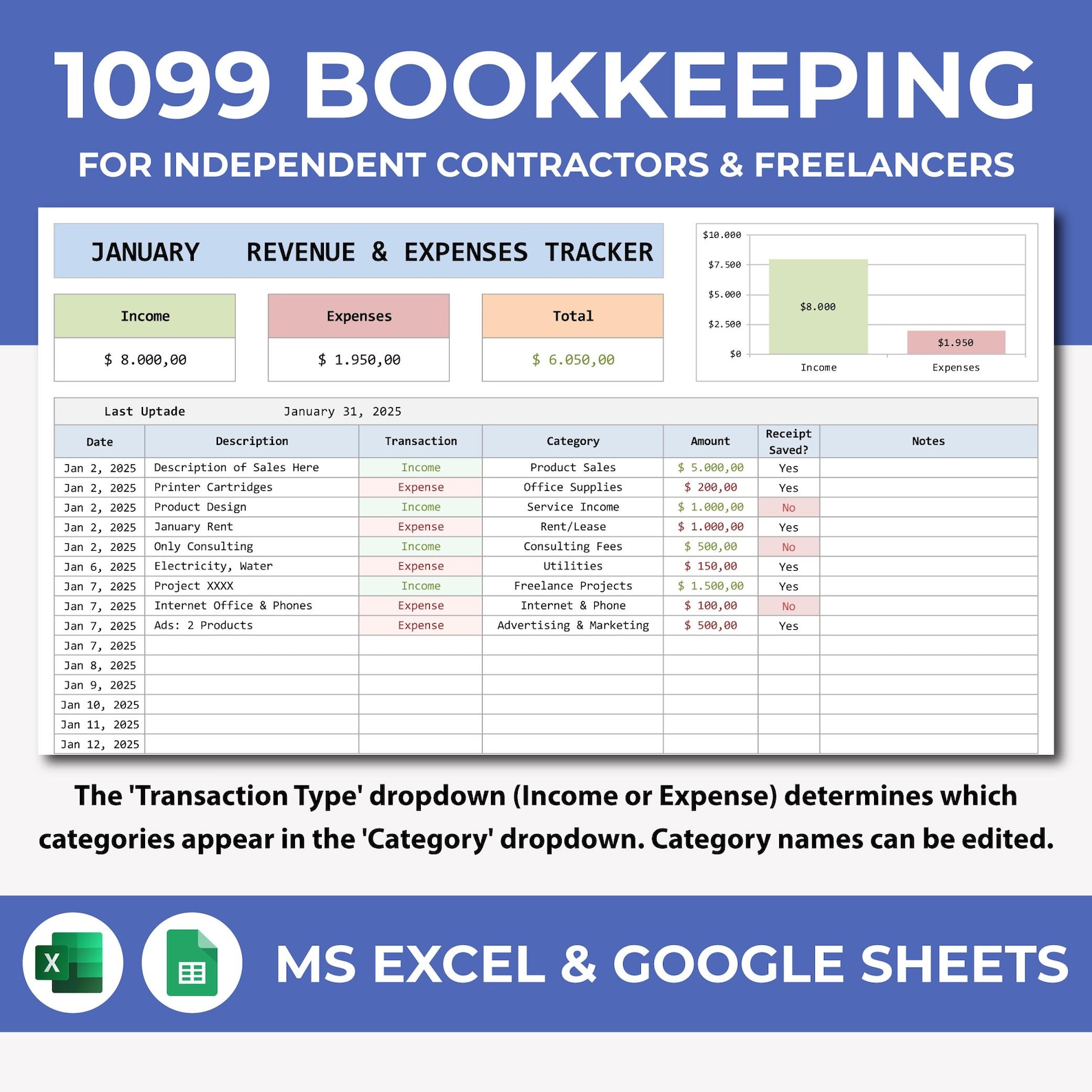 1099 Bookkeeping Spreadsheet, Excel & Google Sheet, Finance Spreadsheet ...