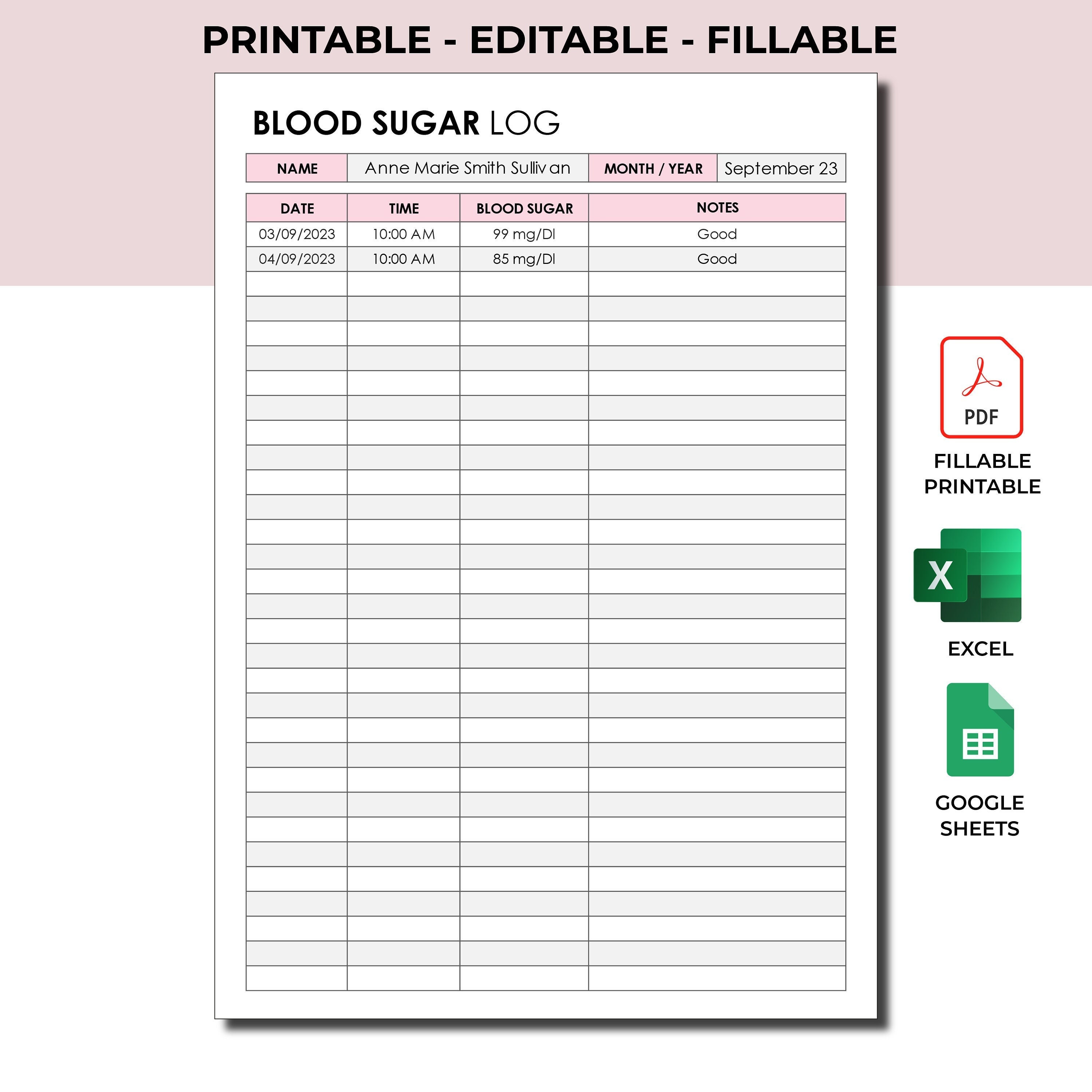 Blood Sugar Trend Tracker. Glucose Measurement Log. Diabetic Sugar ...