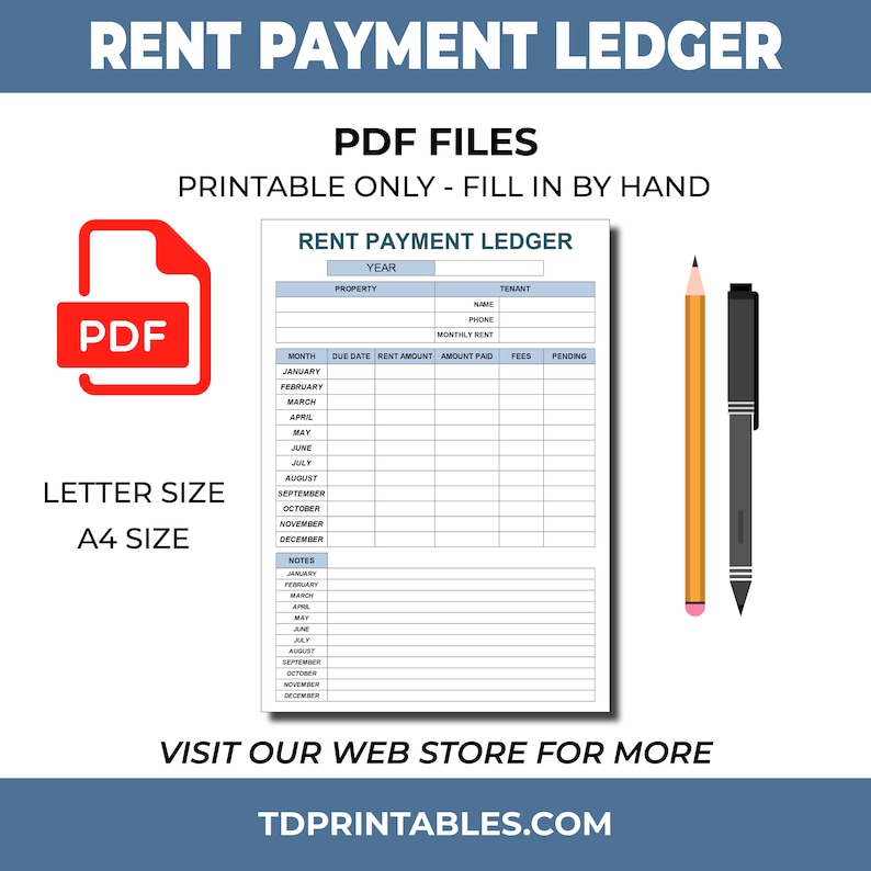 Rent Payment Ledger. PDF Printable Rent Payment Tracker. Rental Payment ...