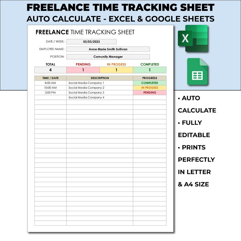 Freelance Work Timesheet Template, Time Tracking Sheet for Freelancers ...
