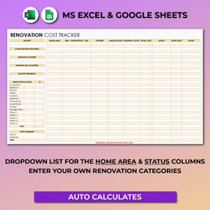 Simple Renovation Tracker | Google Sheets & Excel Budget Spreadsheet ...