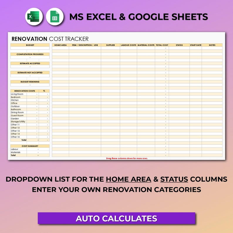 Simple Renovation Tracker | Google Sheets & Excel Budget Spreadsheet ...