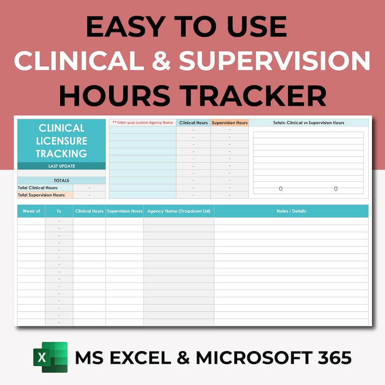 Clinical Supervision & Licensing Hours Tracker, Excel 365, Licensure ...