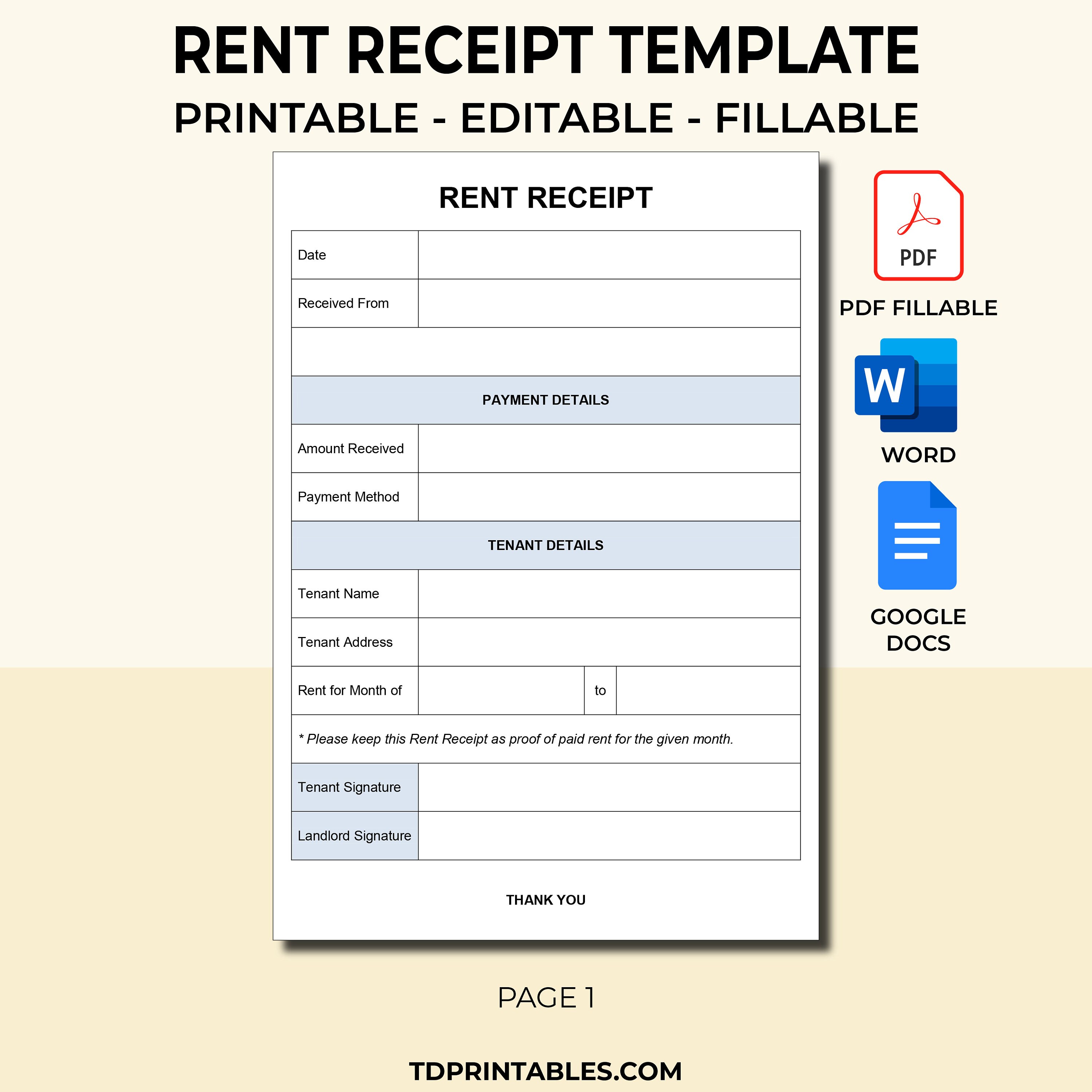 Printable Simple Rent Receipt, Sales Receipt, Fillable Receipt Template ...