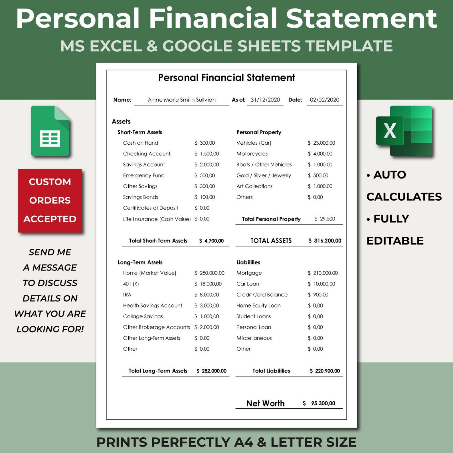 Personal Financial Statement Spreadsheet Template. Google Sheet & Excel ...