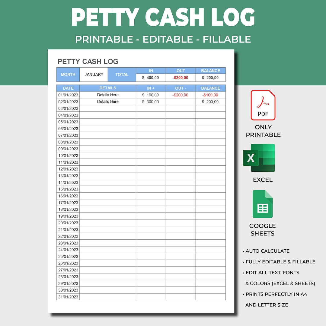 Petty Cash Record, Cash Log Template, Petty Expenses Tracker,small Cash ...