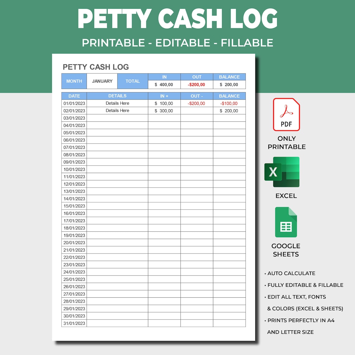 Petty Cash Record, Cash Log Template, Petty Expenses Tracker,small Cash ...