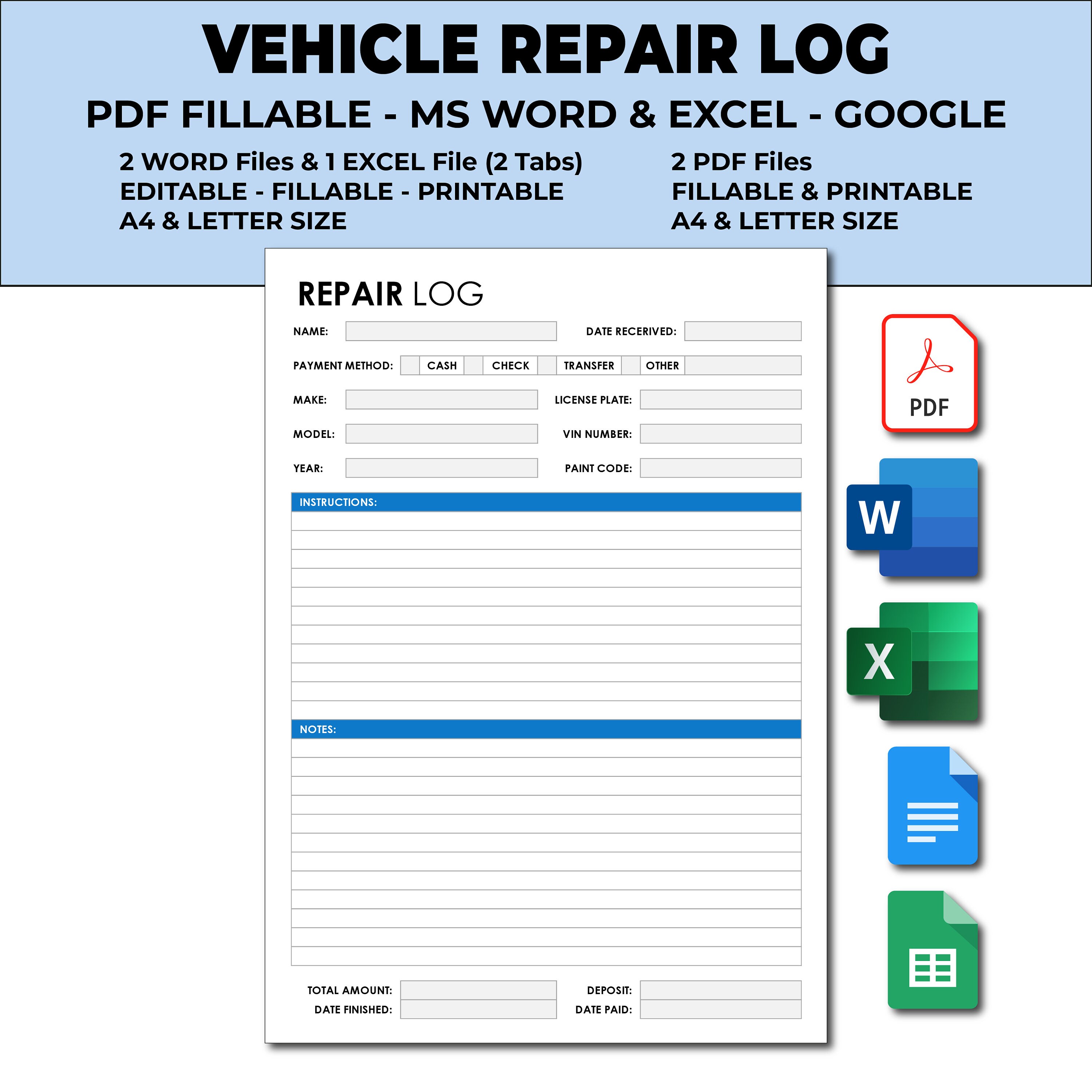 Vehicle Repair Log. Car, Motorcyvle, Truck Repair Log. Vehicle Repair ...