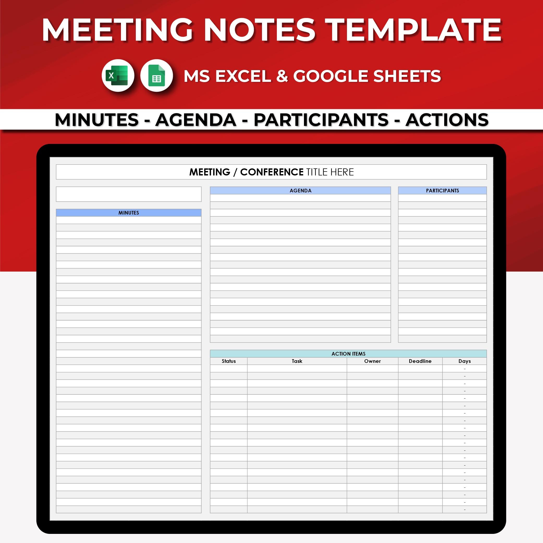 Meeting Notes Excel Google Sheets Template | Agenda | Work Meeting ...