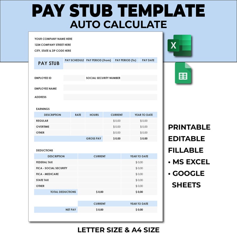 Paystub Template. Editable Paystub Template. Automatic Calculation ...