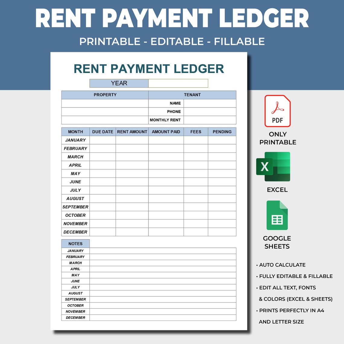 Rent Payment Ledger. PDF Printable Rent Payment Tracker. Rental Payment ...
