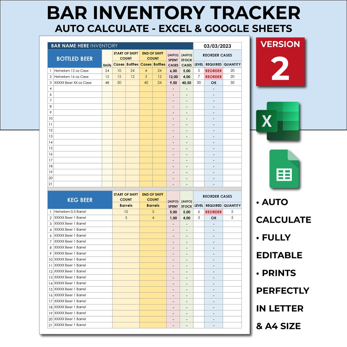 Bar & Restaurant Inventory Sheet: Beer, Liquor, Wine, Alcohol, Other ...