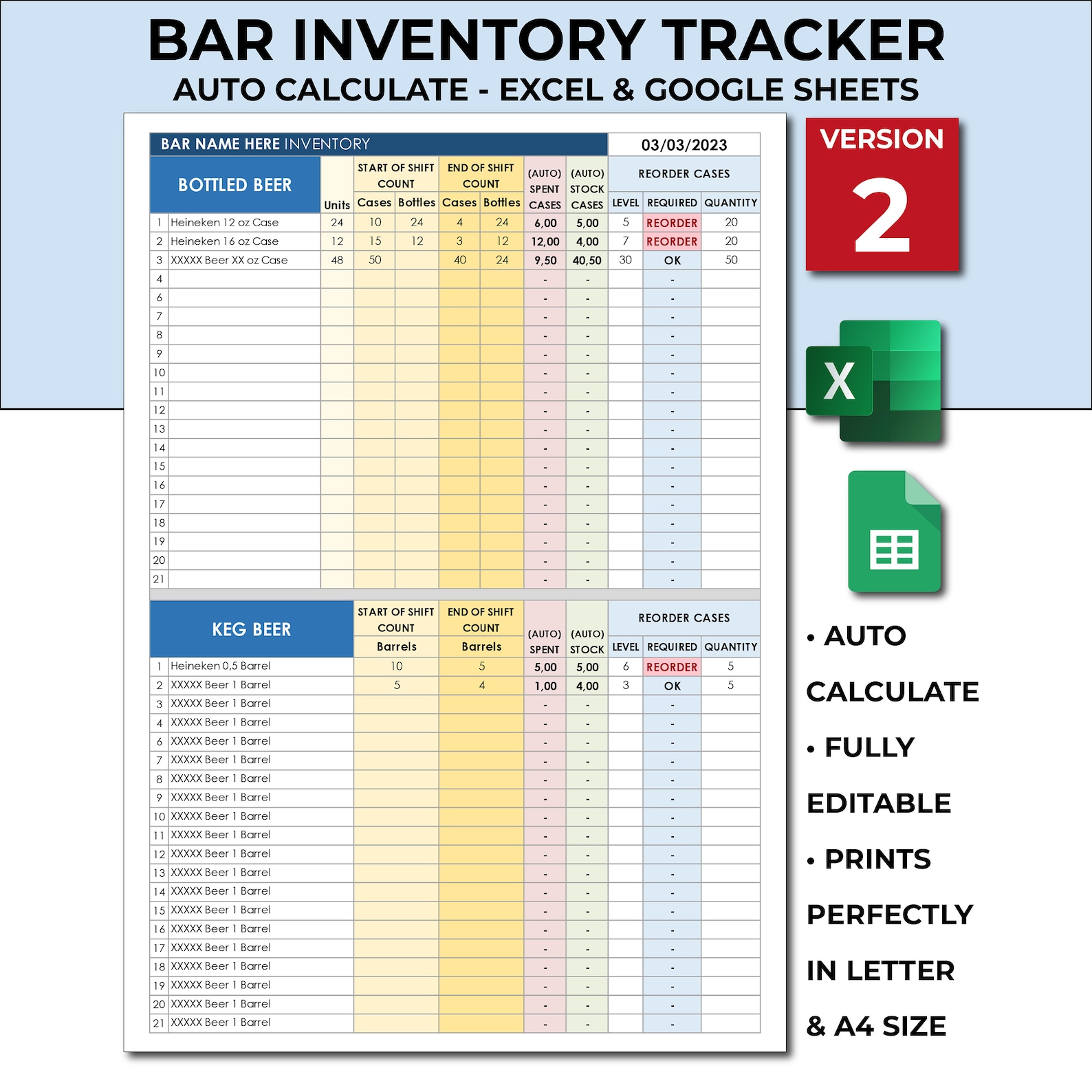 Bar & Restaurant Inventory Sheet: Beer, Liquor, Wine, Alcohol, Other ...
