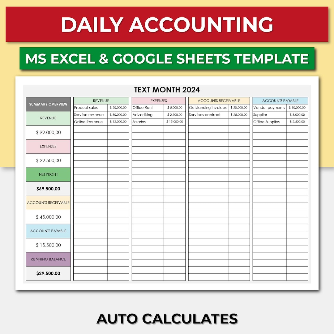 Daily Accounting Spreadsheet Template. Daily Finance Tracker ...