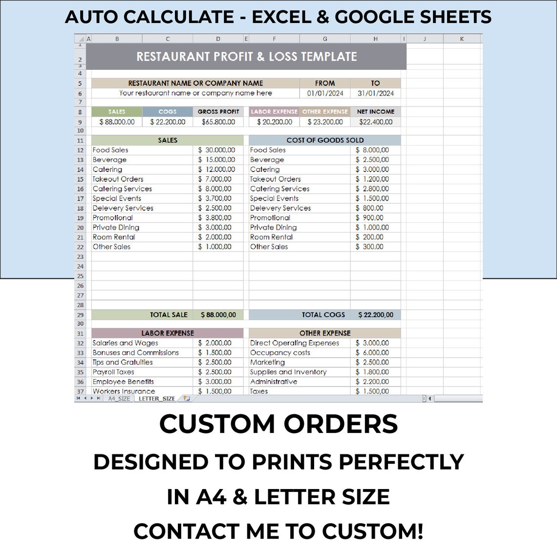 Restaurant Profit & Loss Spreadsheet Template. Restaurant Financial ...