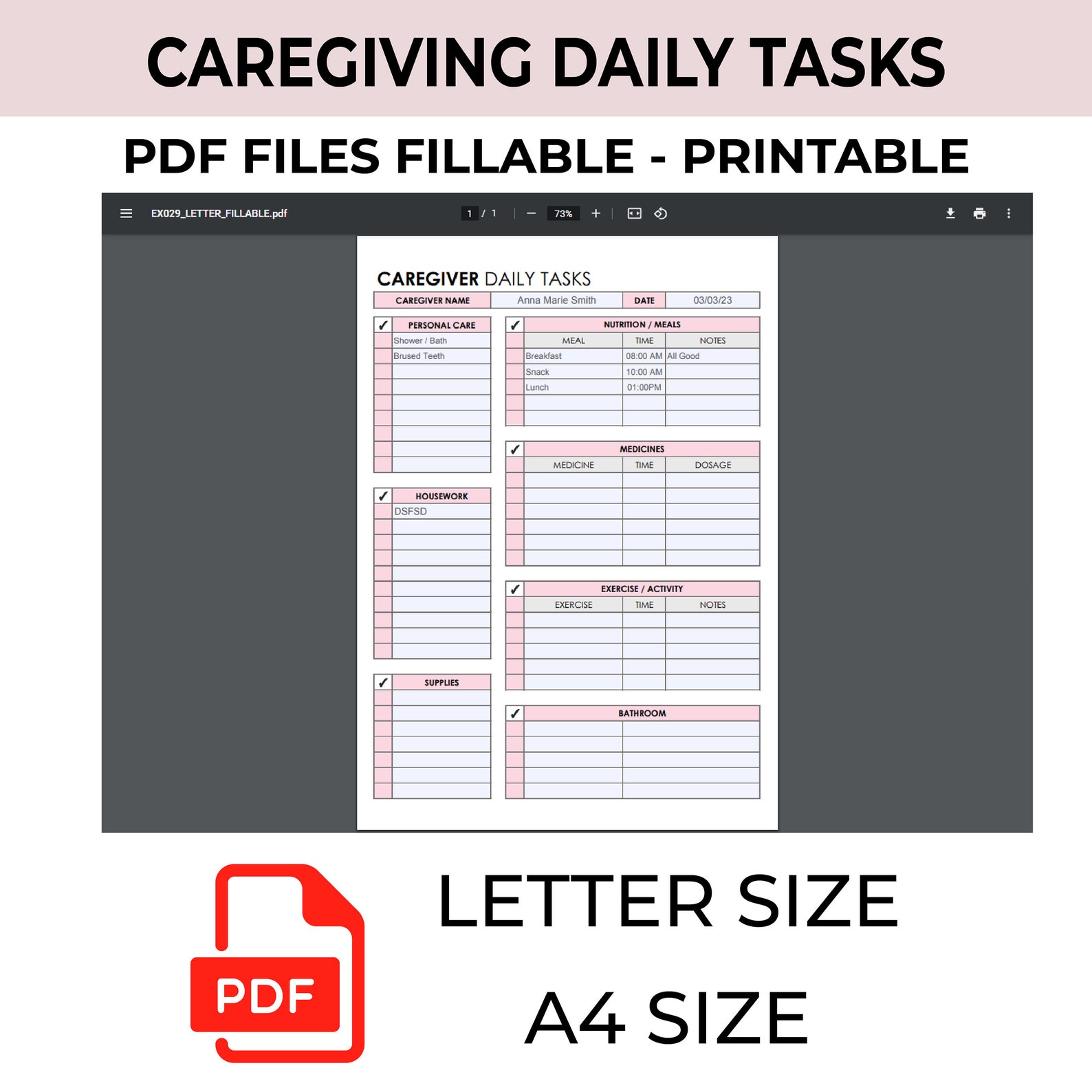 Caregiving Daily Tasks Log Template. Elderly Care Caregiving Checklist ...