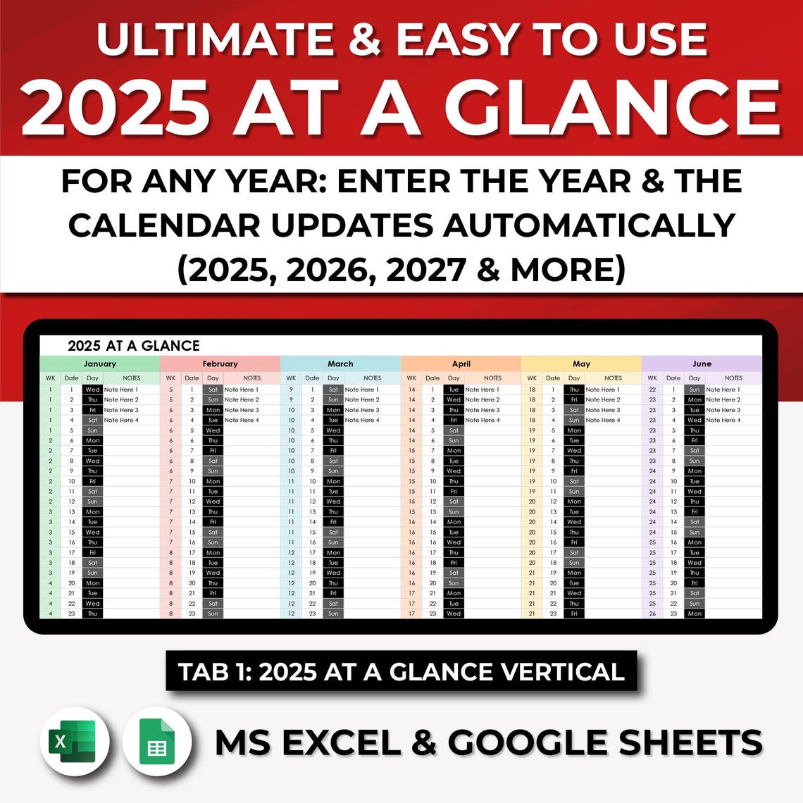 2025 at a Glance | Google Sheets & Exceñyearly Calendar Template ...